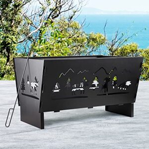 Fire Pit,Wood Fire Pits,Bonfire Pit,Fire Pits for Outside,28 Inch Rectangle Cast Iron Fire Pit for Patio,Backyard with Fire Poker and Metal Grate,Forest Cutout Pattern