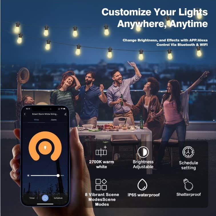 Hiismarter Patio Outdoor Lights, 48ft Smart LED String Lights with Alexa Control, Dimmable and Waterproof for Perfect Balcony, Backyard, Party, Wedding, Christmas and Camping Ambience