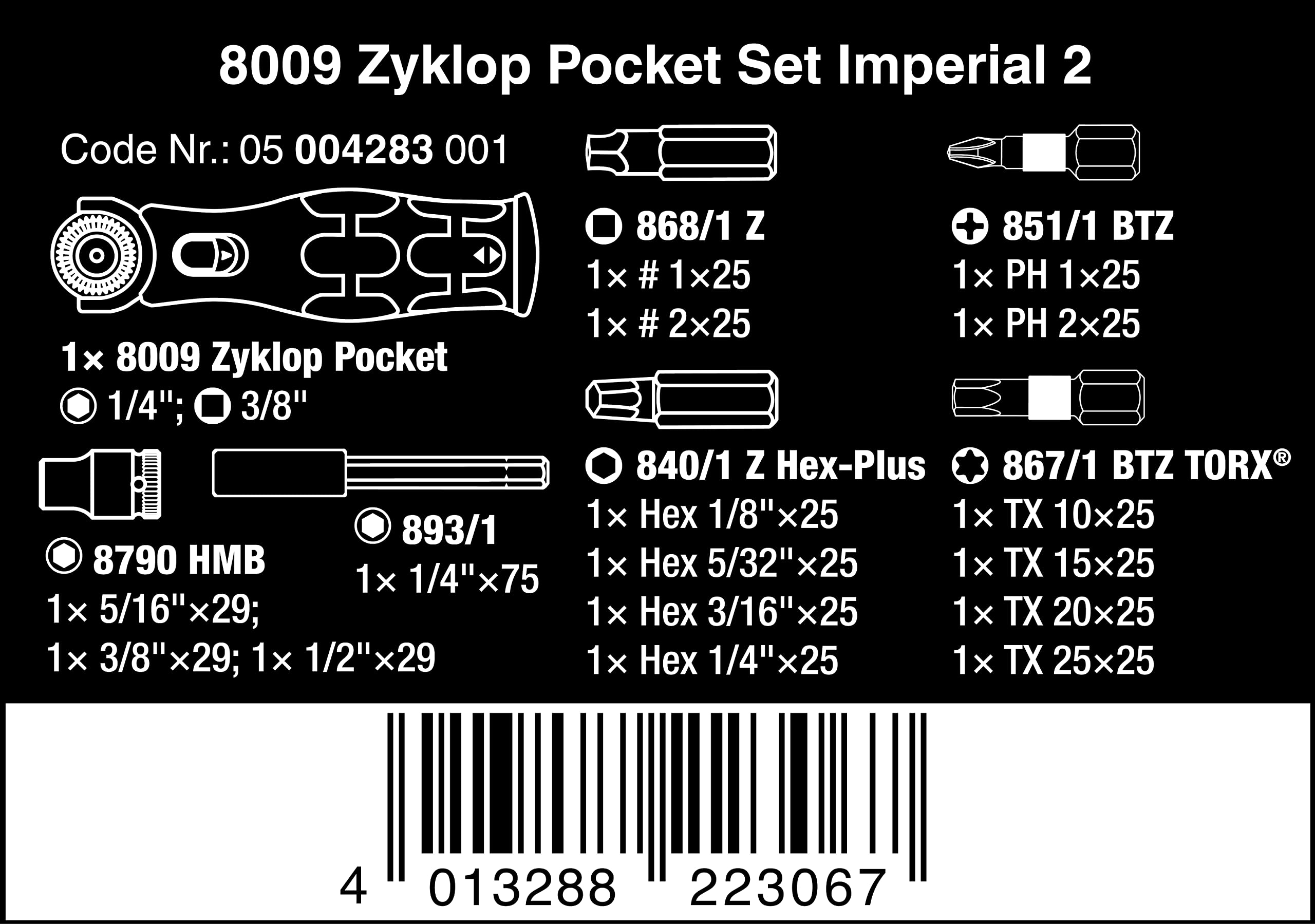 Wera 05004283001 8009 Zyklop Pocket Set Imperial 2, Ratchet Set, 18 Pieces, Black Green