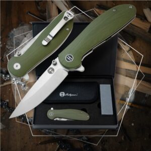 Holtzman's Gorilla Survival Folding Knife D2 Steel Blade G10 Tactical Handle Pocket Folding Knife EDC Giftset for Men (Silver and Green)