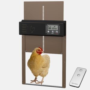 codesfir automatic chicken coop door opener with timer remote control programmable light sensor, battery powered auto chicken door with lcd screen, evening and morning delay, aluminum door