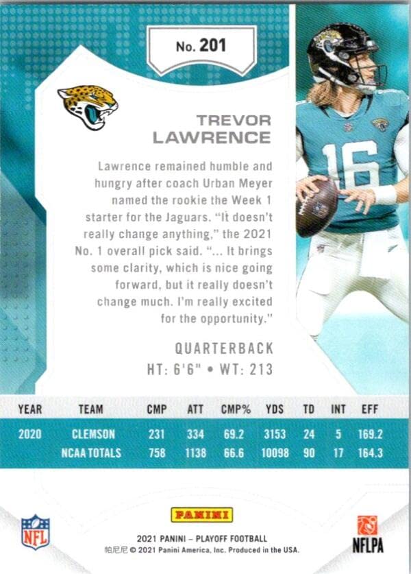 2021 Playoff #201 Trevor Lawrence RC Rookie Jacksonville Jaguars NFL Football Trading Card