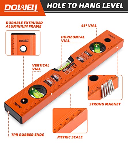 DOWELL 12 Inch Magnetic Spirit Level with Metric Scale, 3 Different Bubbles-45°/90°/180°HY030660