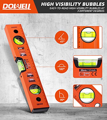 DOWELL 12 Inch Magnetic Spirit Level with Metric Scale, 3 Different Bubbles-45°/90°/180°HY030660