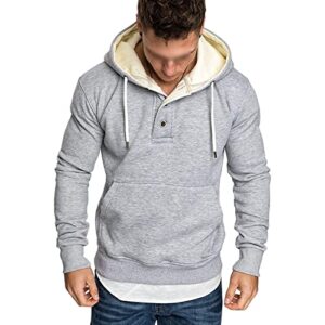 maiyifu-gj men's solid color sport fleece hoodie casual long sleeve henley sweatshirt slim hooded pullover with kanga pocket (light grey,large)