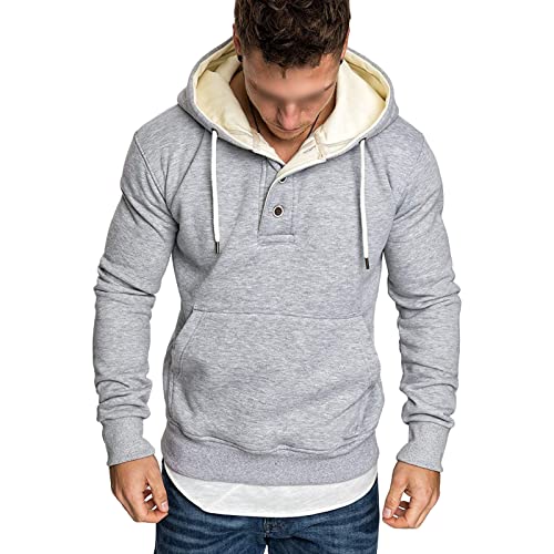 Maiyifu-GJ Men's Solid Color Sport Fleece Hoodie Casual Long Sleeve Henley Sweatshirt Slim Hooded Pullover With Kanga Pocket (Light Grey,Large)