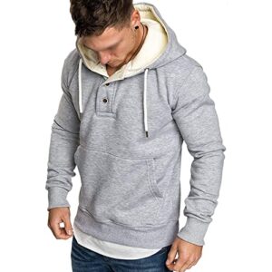 Maiyifu-GJ Men's Solid Color Sport Fleece Hoodie Casual Long Sleeve Henley Sweatshirt Slim Hooded Pullover With Kanga Pocket (Light Grey,Large)