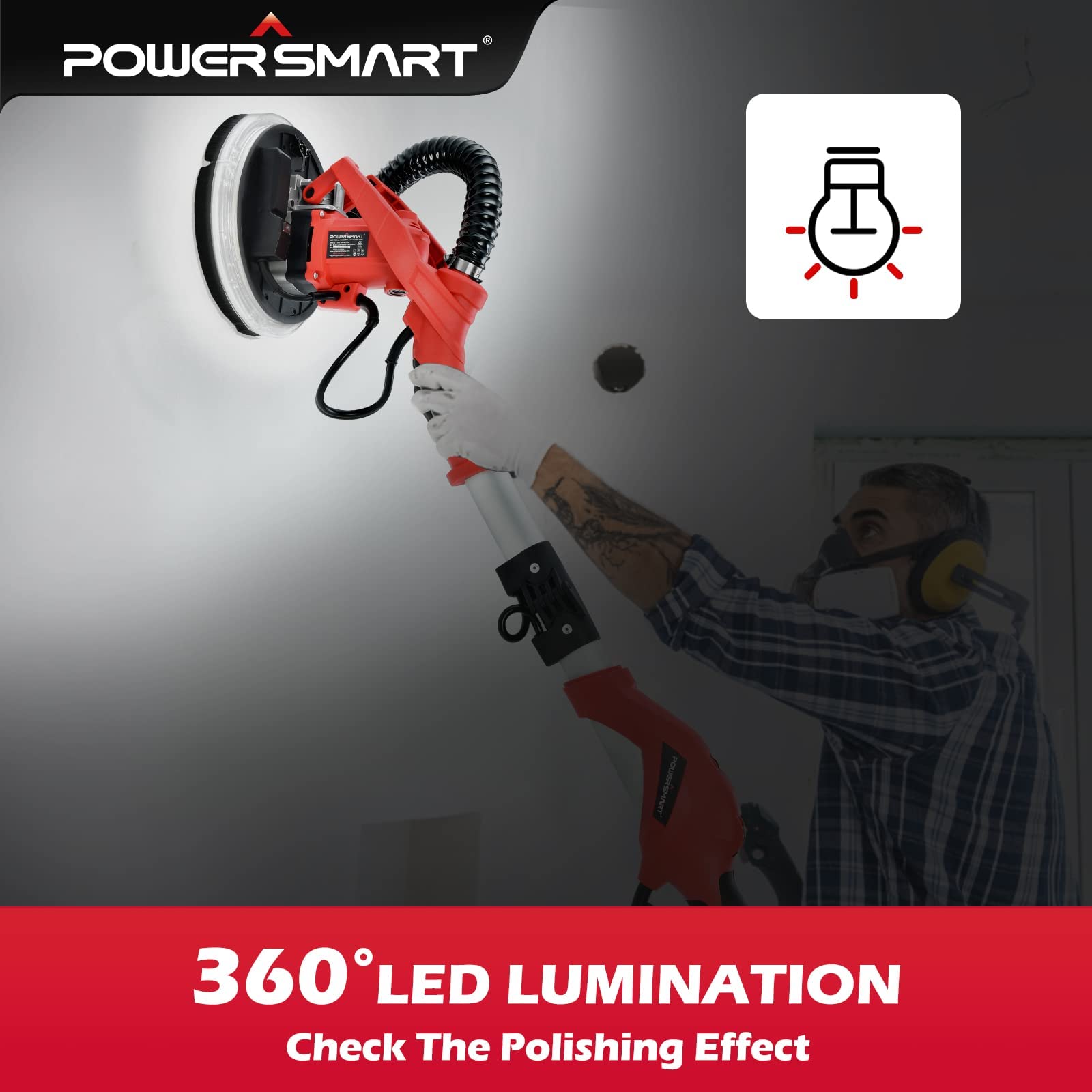 PowerSmart Electric Drywall Sander with Vacuum 7.2A, LED Light, 6 PCS Sanding Discs (PS4001)