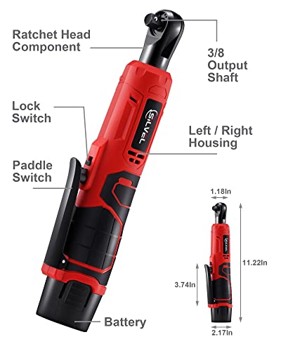 SILVEL 3/8" Cordeless Electric Ratchet Wrench Set, 12V 46 Ft-lbs Power Ratchet Kit With 2-Pack 2.0 Ah Lithium-Ion Batteries, 400 RPM Speed, 7 Sockets and 1/4" Adapter