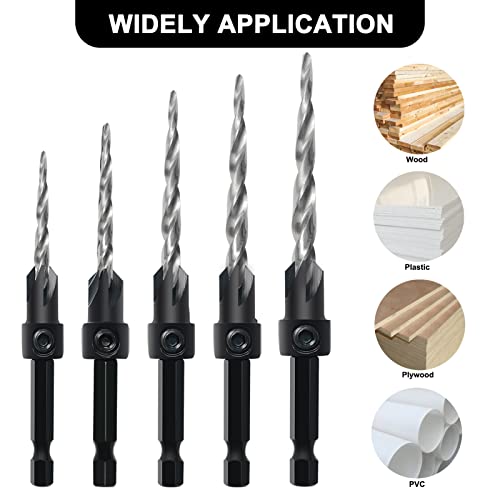 BeHappy Countersink Drill Bit Set, 5PCS M2 HSS Tapered Wood Countersink Drill Bits #4, 6, 8, 10, 12 Tapered Bit with 1/4" Hex Shank Quick, Allen Wrench, Counter Sinker Drill Bit Set for Woodworking