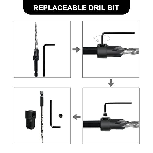 BeHappy Countersink Drill Bit Set, 5PCS M2 HSS Tapered Wood Countersink Drill Bits #4, 6, 8, 10, 12 Tapered Bit with 1/4" Hex Shank Quick, Allen Wrench, Counter Sinker Drill Bit Set for Woodworking