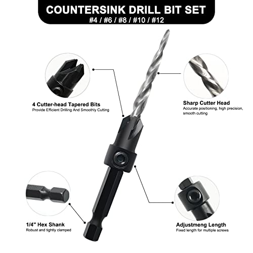 BeHappy Countersink Drill Bit Set, 5PCS M2 HSS Tapered Wood Countersink Drill Bits #4, 6, 8, 10, 12 Tapered Bit with 1/4" Hex Shank Quick, Allen Wrench, Counter Sinker Drill Bit Set for Woodworking