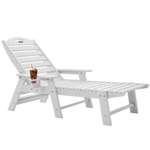 chaise lounge for outdoor, patio lounge chairs for outside, chaise lounge chair with 6 positions, hdpe lounge chair with cup holder easy assembly for pool beach garden, white