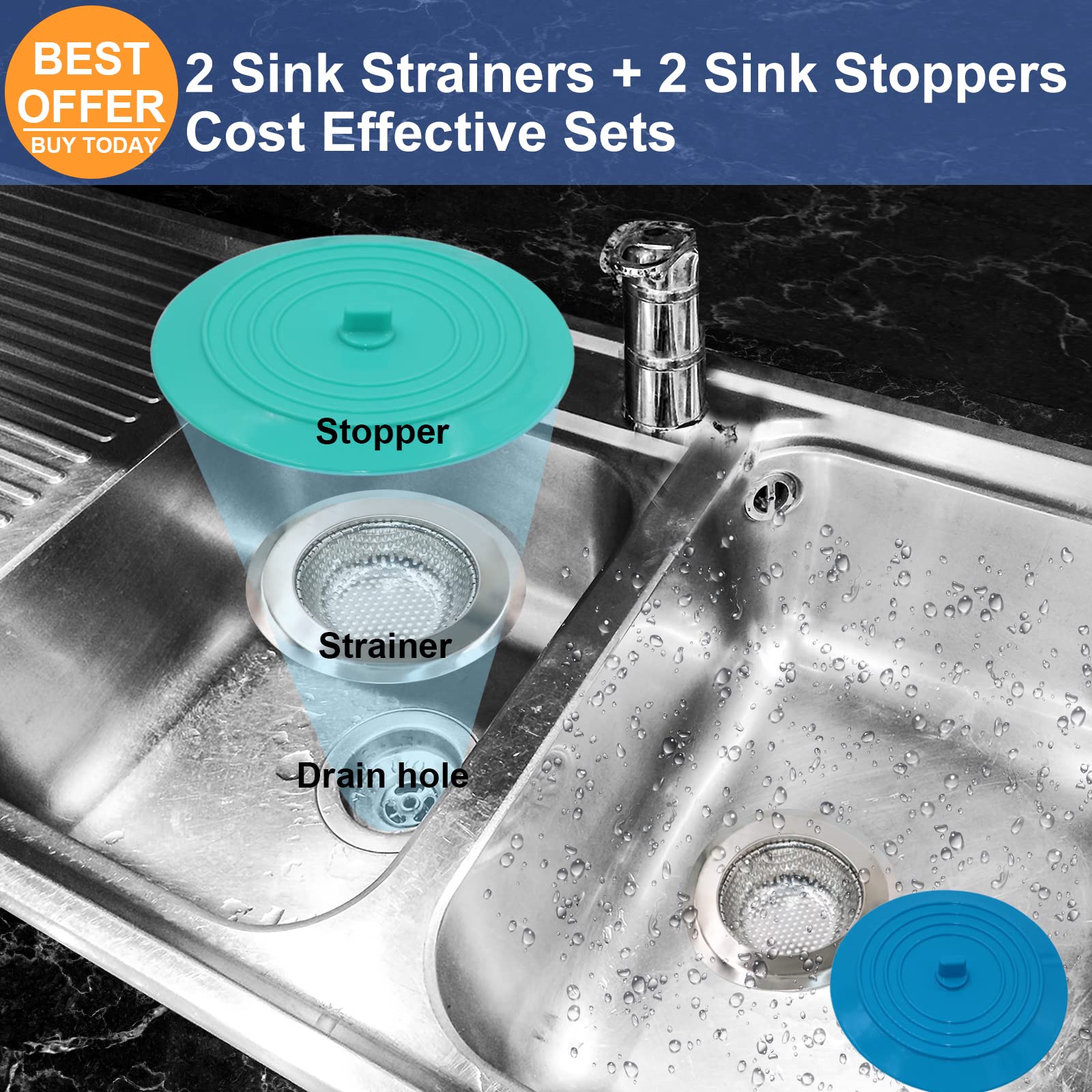 V-TOP 2 Pack Tub Stopper + 4 Pack Sink Strainer Stopper Kit