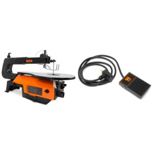 wen 3922 16-inch variable speed scroll saw with easy-access blade changes & wa0392 120v 15-amp momentary power foot pedal switch for woodworking