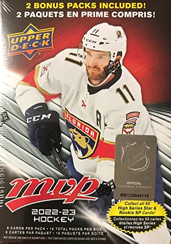 2022 2023 Upper Deck M V P Hockey Series Unopened Blaster Box of 15 Packs with Chance for Rookies Plus #1 Draft Picks Cards and Blaster Exclusive Gold Scripts