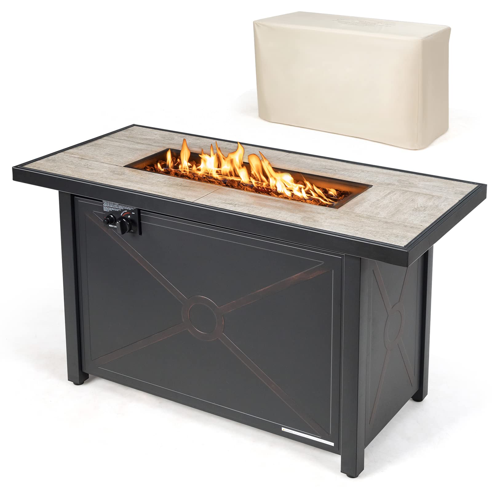 Tangkula 42 Inch Propane Fire Pit Table, Patiojoy 60,000 BTU Outdoor Rectangle Gas Fire Table with Ceramic Tabletop, Lava Rocks & PVC Cover Included, Auto-Ignition Propane Heater for Backyard, Patio