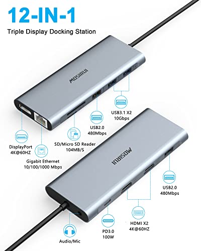 USB C Docking Station Triple Monitor 4K@60HZ, 12-in-1 Laptop Docking Station Dual Monitor USB C Hub Dock with 10Gbps USB3.1+2 HDMI+DisplayPort+PD+Ethernet+SD for Dell/HP/Lenovo/MacBook/Surface 7 8 9