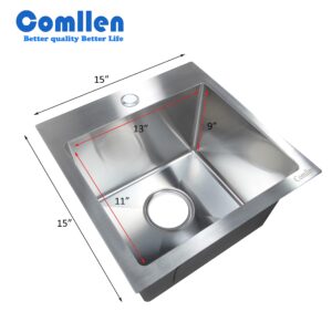 Comllen 15 x 15 inch Top-mount Stainless Steel Drop in Bar Sink, Single Basin Small Kitchen Sink for Outdoor Wet Bar Prep RV Yard Office Laundry Utility with Drain