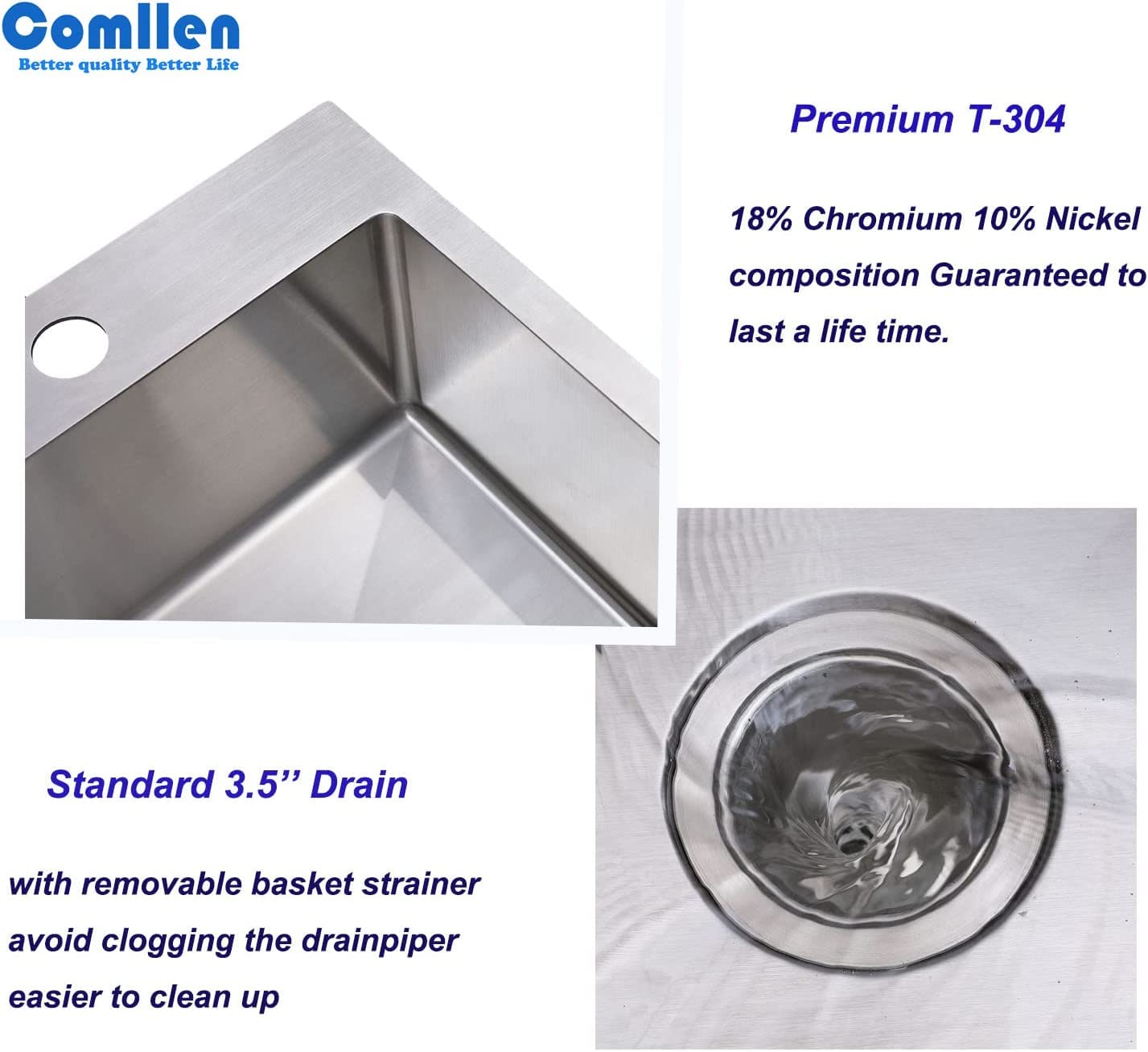 Comllen 15 x 15 inch Top-mount Stainless Steel Drop in Bar Sink, Single Basin Small Kitchen Sink for Outdoor Wet Bar Prep RV Yard Office Laundry Utility with Drain