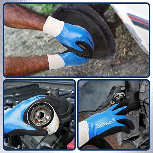 Schwer 3 Pairs Waterproof Work Gloves, Heavy Duty Gloves Sandy Nitrile Coated, Oil-Proof, Dirt-Proof Abrasion Resistant Gloves for Changing Oil, Vehicle Repair, Construction, HVAC, Cleaning (L)