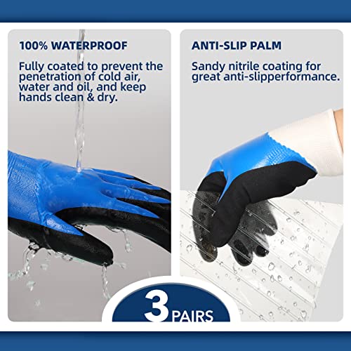 Schwer 3 Pairs Waterproof Work Gloves, Heavy Duty Gloves Sandy Nitrile Coated, Oil-Proof, Dirt-Proof Abrasion Resistant Gloves for Changing Oil, Vehicle Repair, Construction, HVAC, Cleaning (L)