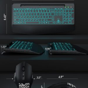 Wireless Keyboard and Mouse Backlits, Wrist Rest, Jiggler Mouse, Rechargeable Ergonomic Keyboard with Phone Holder, Silent Light Up Combo for Computer, Mac, PC, Laptop, Chromebook -by SABLUTE