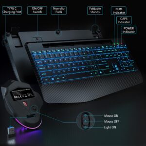 Wireless Keyboard and Mouse Backlits, Wrist Rest, Jiggler Mouse, Rechargeable Ergonomic Keyboard with Phone Holder, Silent Light Up Combo for Computer, Mac, PC, Laptop, Chromebook -by SABLUTE