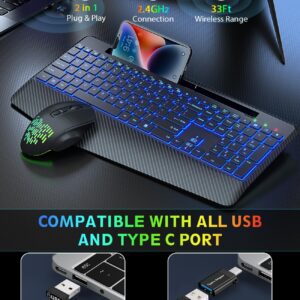 Wireless Keyboard and Mouse Backlits, Wrist Rest, Jiggler Mouse, Rechargeable Ergonomic Keyboard with Phone Holder, Silent Light Up Combo for Computer, Mac, PC, Laptop, Chromebook -by SABLUTE