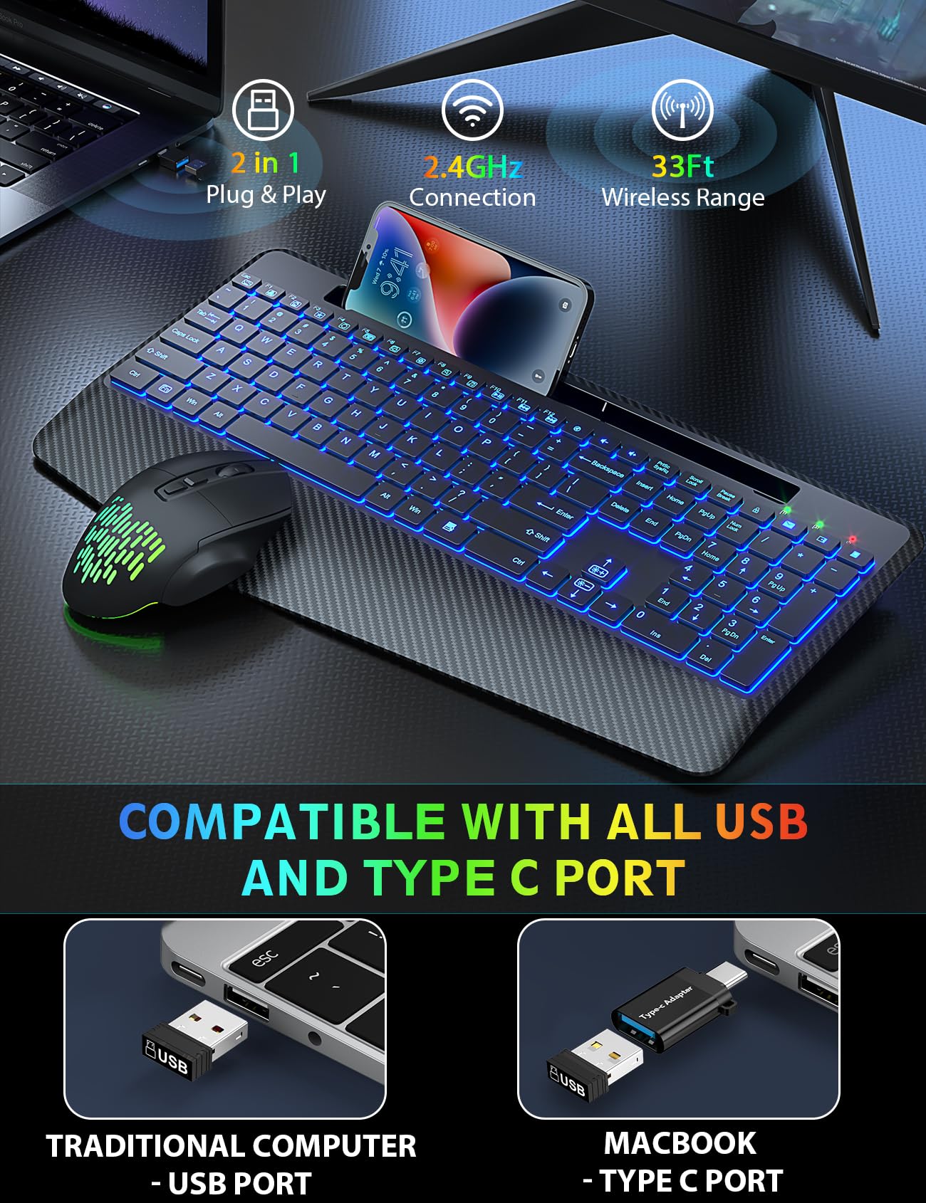 Wireless Keyboard and Mouse Backlits, Wrist Rest, Jiggler Mouse, Rechargeable Ergonomic Keyboard with Phone Holder, Silent Light Up Combo for Computer, Mac, PC, Laptop, Chromebook -by SABLUTE