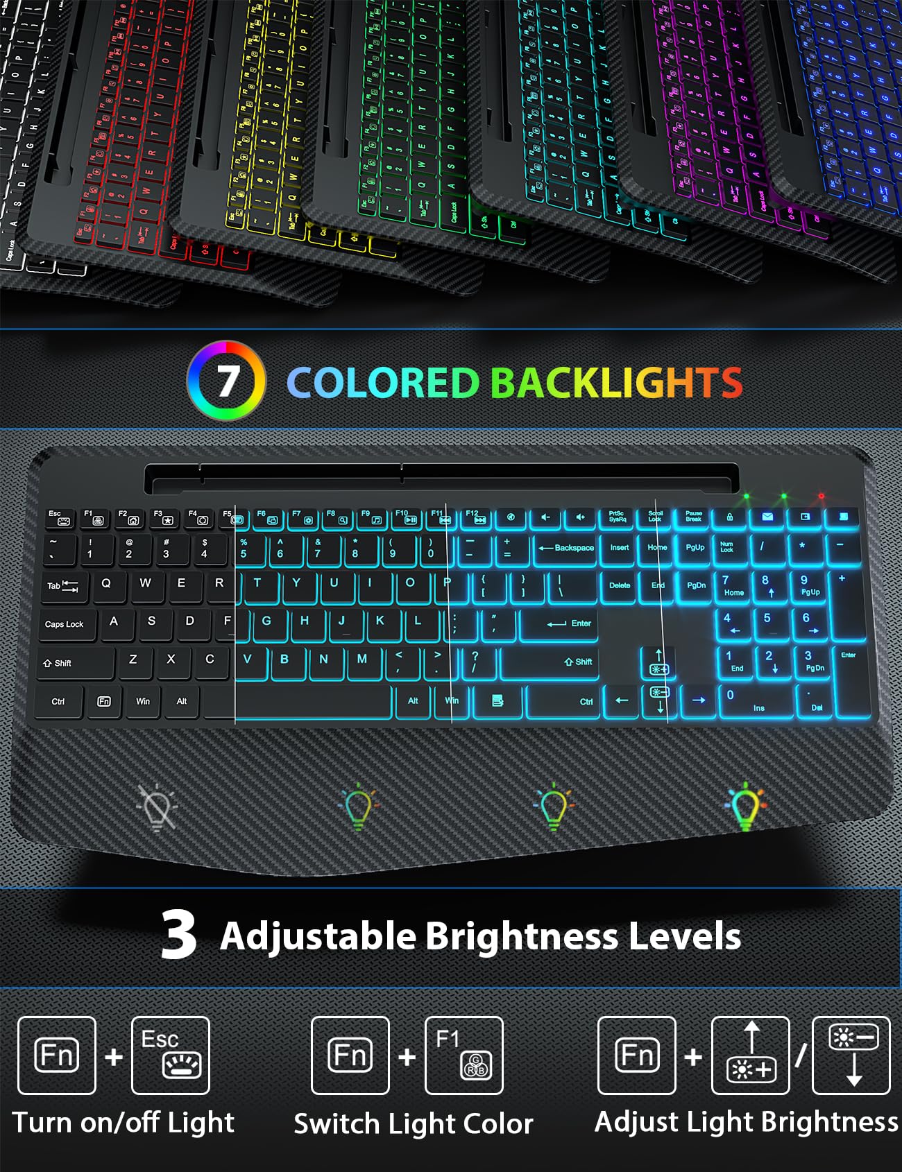 Wireless Keyboard and Mouse Backlits, Wrist Rest, Jiggler Mouse, Rechargeable Ergonomic Keyboard with Phone Holder, Silent Light Up Combo for Computer, Mac, PC, Laptop, Chromebook -by SABLUTE