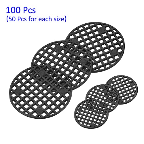 M METERXITY 100 Pack Plant Pot Hole Mesh Pads - Round Rigid Bonsai Flowerpot Drainage Grid Screen Apply to Outdoor/Garden (2.5cm/1", 4.5cm/1.8", Black)