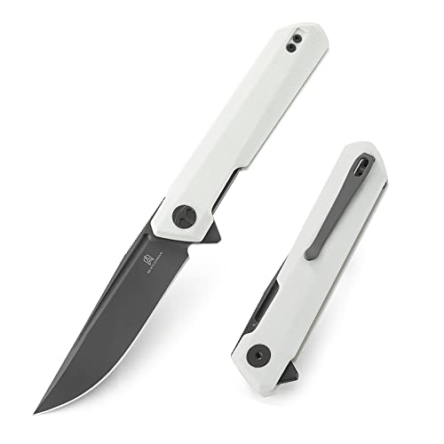 BESTECHMAN Dundee Pocket Folder Folding Knife: 3.35" D2 Steel Grey Titanized Blade, G10 Scales, EDC Reversible Deep Clip, BMK01I (White Handle)