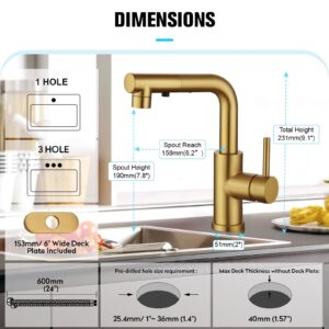 CREA Sink Faucet, Gold Kitchen Faucets with Pull Down Sprayer, Bathroom Sink Faucets Mini Bar Prep Faucet Single Handle 3 or 1 Hole Utility Faucet Laundry Outdoor Tap