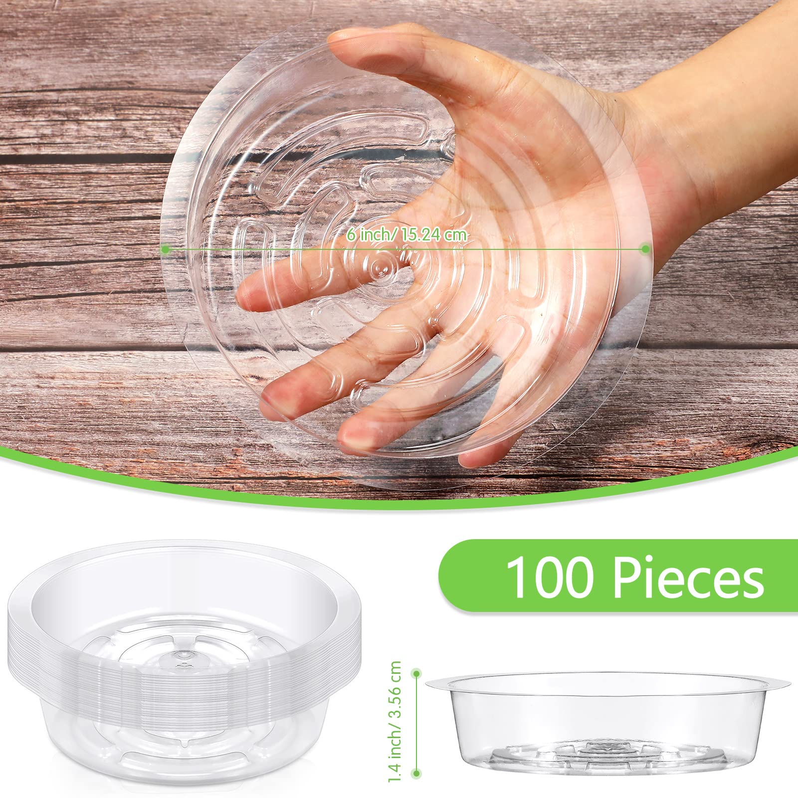 Shellwei 100 Pcs Plastic Plant Saucer Plant Drip Trays 6 Inch Plant Clear Water Plant Plate Plastic Dish Trays Plant Trays for Pot Indoor Outdoor Garden Container Planters Drainage