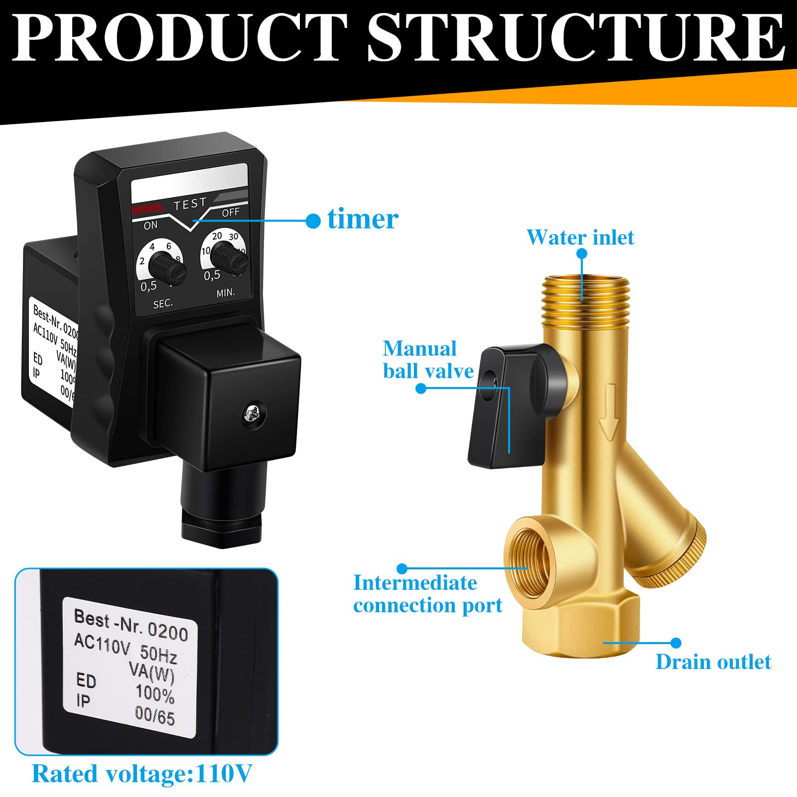 Electronic Drain Valve and Tank Drain Valve Assembly Kit with Braided Steel Hose 1/4 Inch NPT Drain Valve Elbow Fitting and AC 110V 1/2" Automatic Timed Water Tank (Separating,6 Pcs)