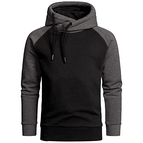 Maiyifu-GJ Men's Color Block Pullover Hooded Sweatshirts Drawstring Fleece Warm Winter Hoodies Casual Sports Running Hoodie (Black,X-Large)