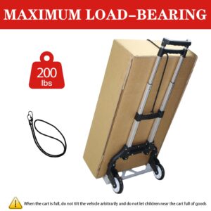 Abacad Folding Hand Truck Dolly Cart，Aluminum Portable Hand Cart for Daily handling Work，200lbs, with Silent Wheel，Telescoping Handle，Black Bungee Cord, Can Stand Alone，Light Weight