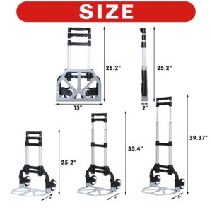 Abacad Folding Hand Truck Dolly Cart，Aluminum Portable Hand Cart for Daily handling Work，200lbs, with Silent Wheel，Telescoping Handle，Black Bungee Cord, Can Stand Alone，Light Weight