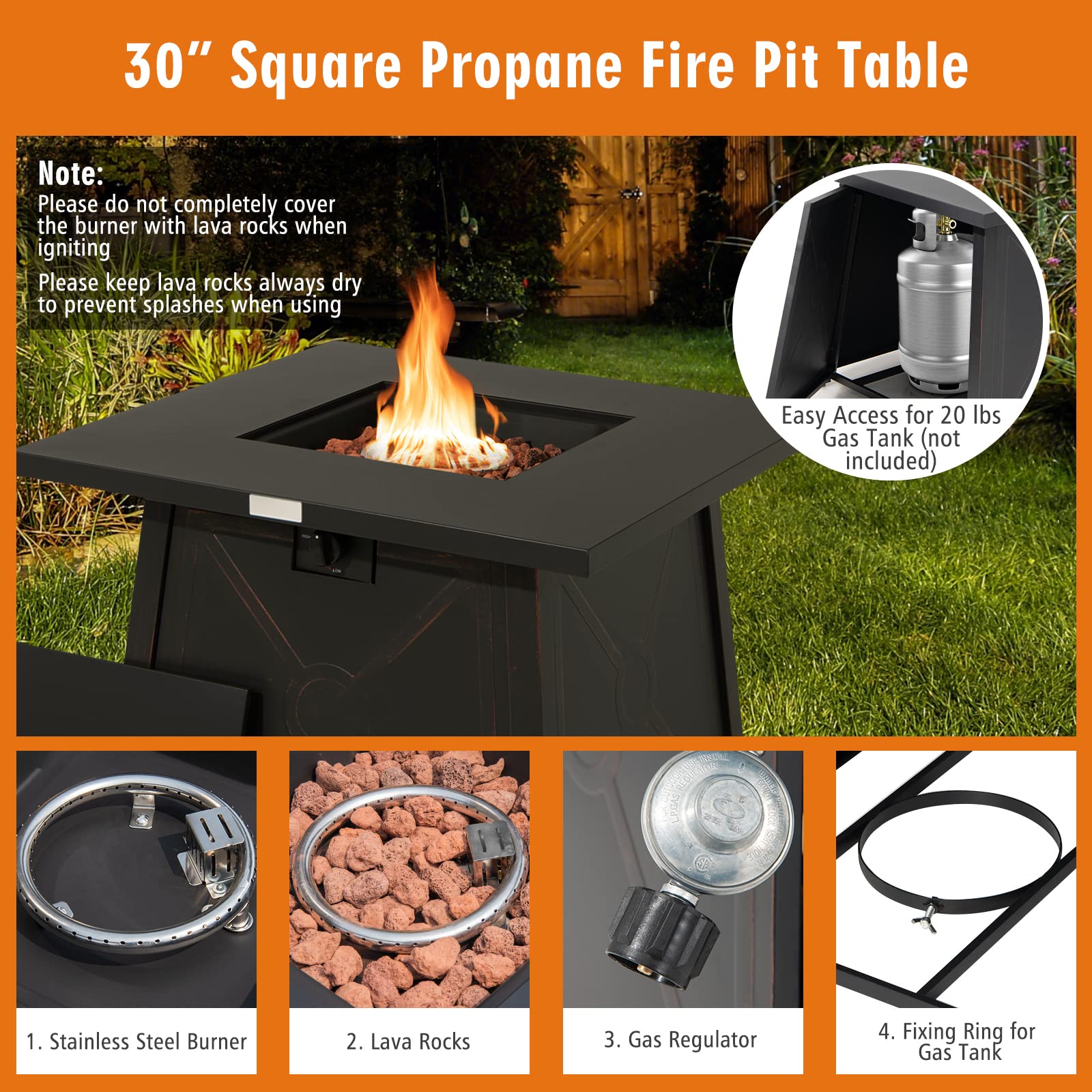 Tangkula 30 Inch Propane Gas Fire Table, Patiojoy 50,000 BTU Outdoor Square Fire Pit Table with Stainless Steel Burner, Solid Steel Frame, PVC Cover & Lava Rocks Included, CSA Certification (Black)