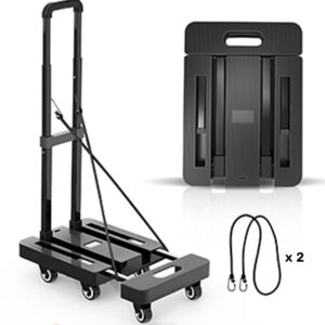 folding hand truck dolly, portable dolly for moving, 500lb luggage cart dolly with 6 wheels & 2 bungee cords for luggage, travel, moving, shopping, office use, black