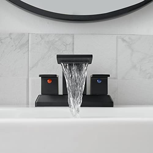 BESy Black 4 Inch Centerset 2 Handle Waterfall Stainless Steel Bathroom Faucet, Morden Two Handle Deck Mounted Two Handle Bathroom Sink Faucet with Supply Hoses, 3 Hole