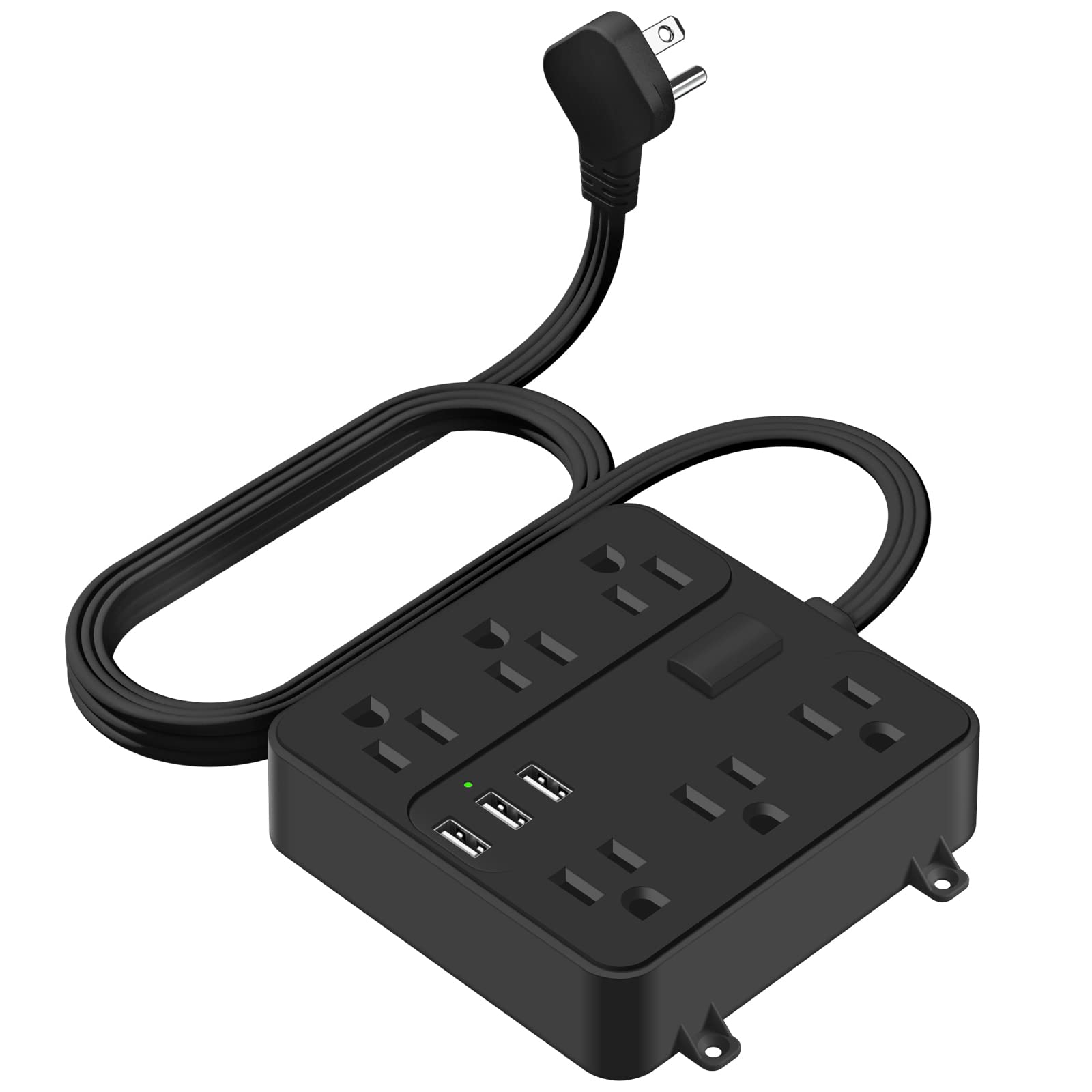 Flat Plug Power Strip, HEZI 6ft Flat Extension Cord, Surge Protector with 3 USB Ports & 6 Outlets Extender Slim Wall Mount Charging Station for Home Office Desk Black, with Plug