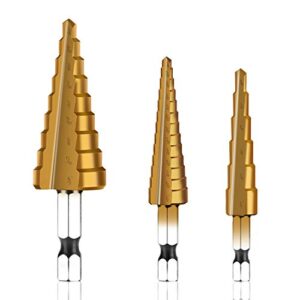 hss step drill bit set - 3pcs 1/4" hex shank titanium coated high speed steel hole drill cone bits stepped up unibit for sheet metal hole drilling cutting hole (1/8 inch - 3/4 inch)