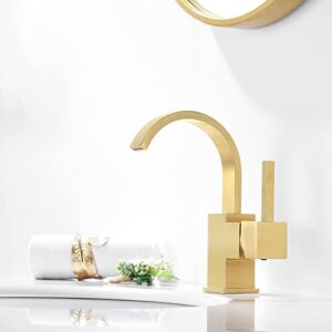 Phiestina Brushed Gold Single Hole Bathroom Faucet, Waterfall Single Handle 1 or 3 Hole RV Bathroom Faucet, Swivel 360 Degree with Deck Plate, Pop Up Drain and Water Supply Line, SGF05-BG-2