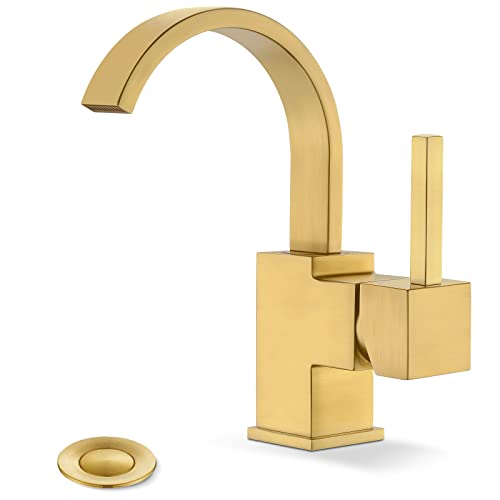 Phiestina Brushed Gold Single Hole Bathroom Faucet, Waterfall Single Handle 1 or 3 Hole RV Bathroom Faucet, Swivel 360 Degree with Deck Plate, Pop Up Drain and Water Supply Line, SGF05-BG-2