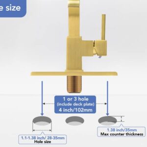 Phiestina Brushed Gold Single Hole Bathroom Faucet, Waterfall Single Handle 1 or 3 Hole RV Bathroom Faucet, Swivel 360 Degree with Deck Plate, Pop Up Drain and Water Supply Line, SGF05-BG-2