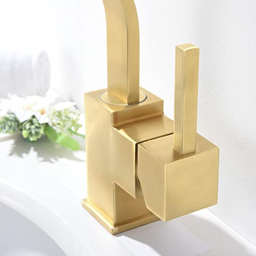 Phiestina Brushed Gold Single Hole Bathroom Faucet, Waterfall Single Handle 1 or 3 Hole RV Bathroom Faucet, Swivel 360 Degree with Deck Plate, Pop Up Drain and Water Supply Line, SGF05-BG-2