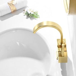 Phiestina Brushed Gold Single Hole Bathroom Faucet, Waterfall Single Handle 1 or 3 Hole RV Bathroom Faucet, Swivel 360 Degree with Deck Plate, Pop Up Drain and Water Supply Line, SGF05-BG-2