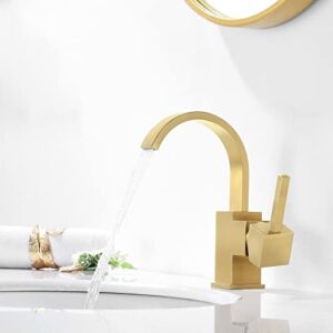 Phiestina Brushed Gold Single Hole Bathroom Faucet, Waterfall Single Handle 1 or 3 Hole RV Bathroom Faucet, Swivel 360 Degree with Deck Plate, Pop Up Drain and Water Supply Line, SGF05-BG-2